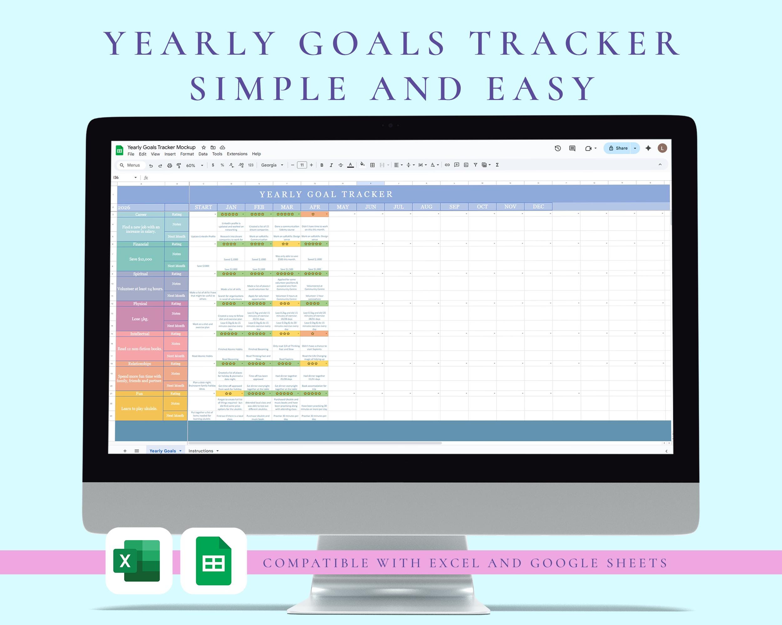 Yearly Goal Tracker Excel & Google Sheets Spreadsheet | Digital ...