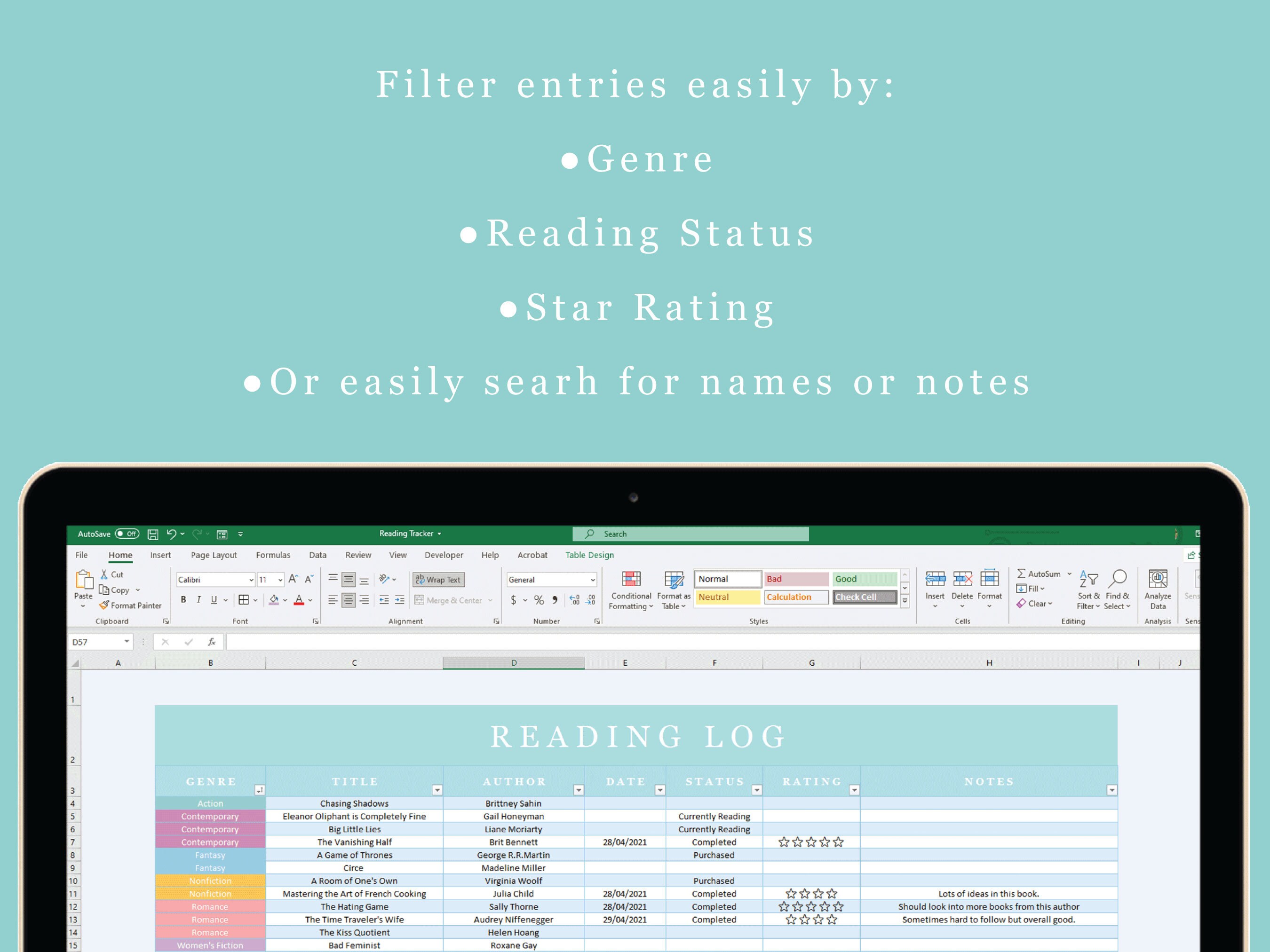 Reading Log Tracker Excel Spreadsheet | Digital Download - Etsy