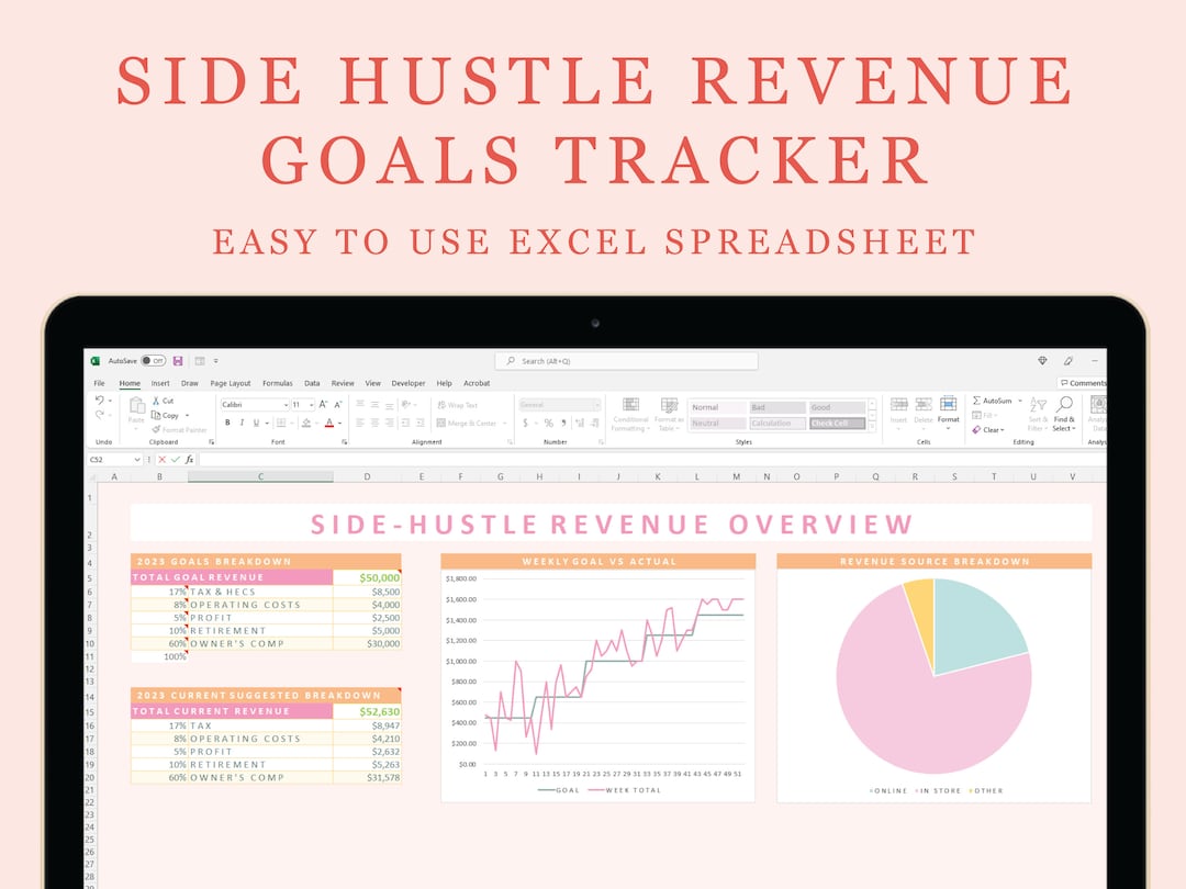 Side Hustle Revenue Goals | Weekly Excel Spreadsheet | Track Freelance ...