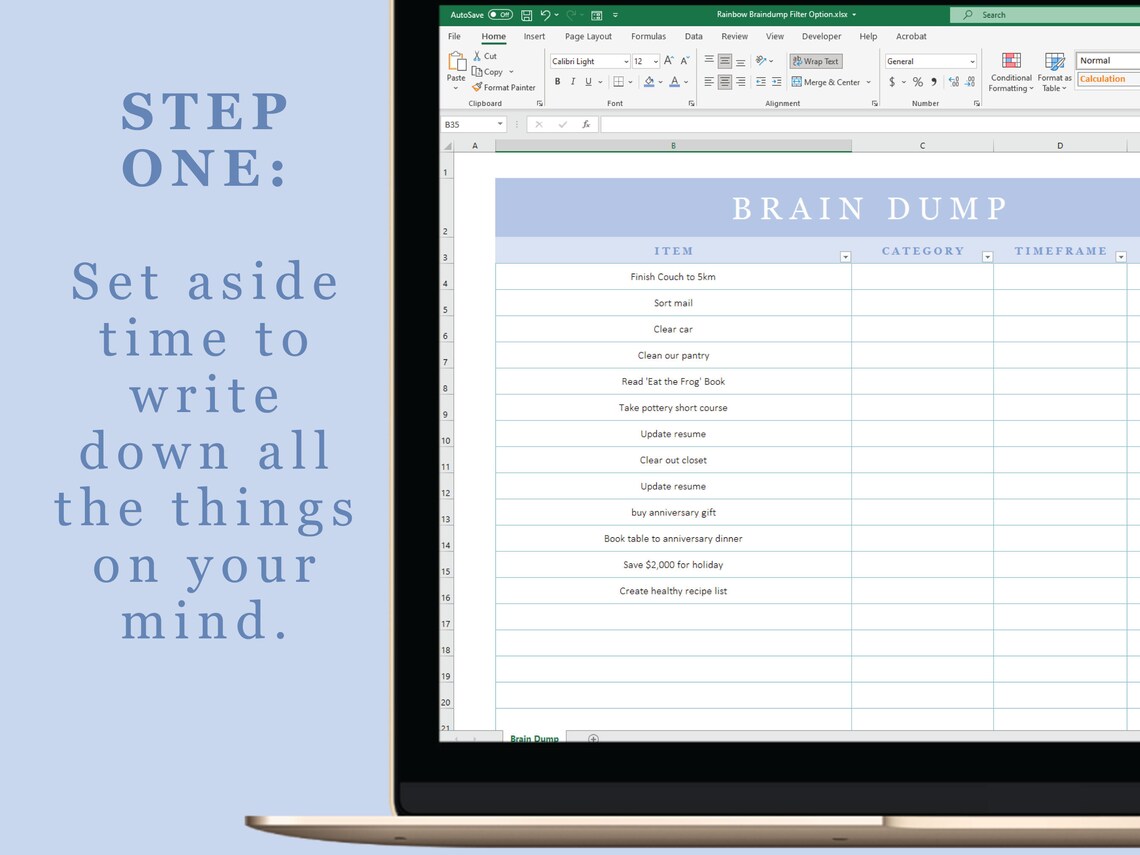Brain Dump Easy Rainbow Excel Spreadsheet | Digital Download - Etsy