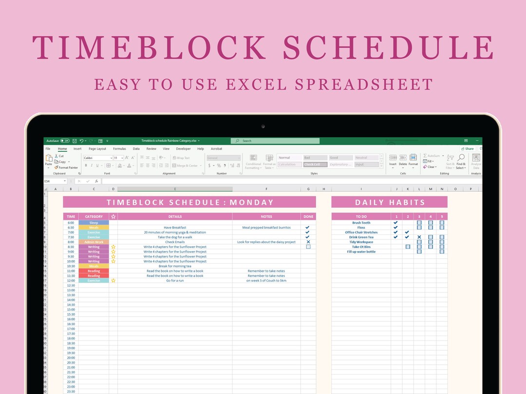 Daily Time Block Schedule | Plan & Organise | Excel Spreadsheet - Etsy