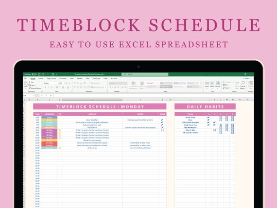 Daily Time Block Schedule Plan & Organise Excel | Etsy