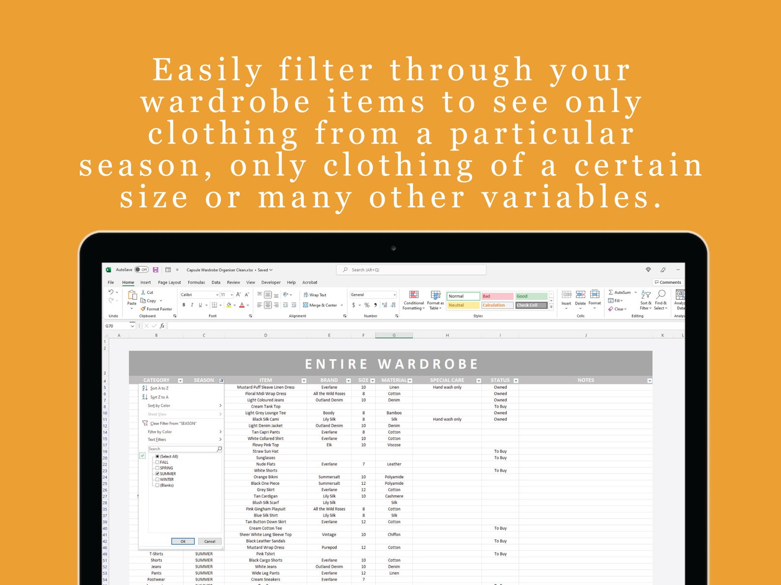 Capsule Wardrobe Organiser and Seasonal Report Excel Spreadsheet ...