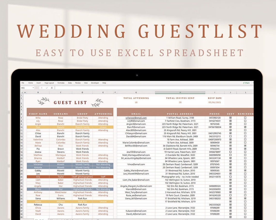 Easy to Use Wedding Guest List Excel Boho Style - Etsy