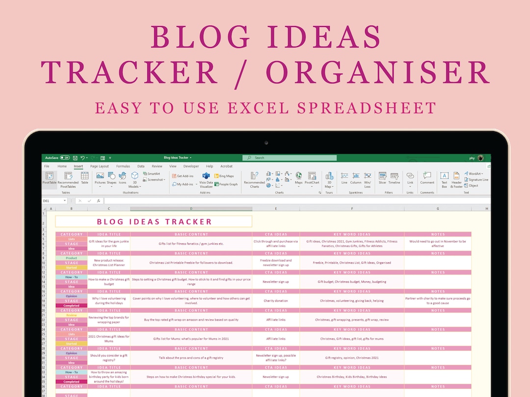 Blog Ideas And Organisation Excel Spreadsheet Digital Download Etsy