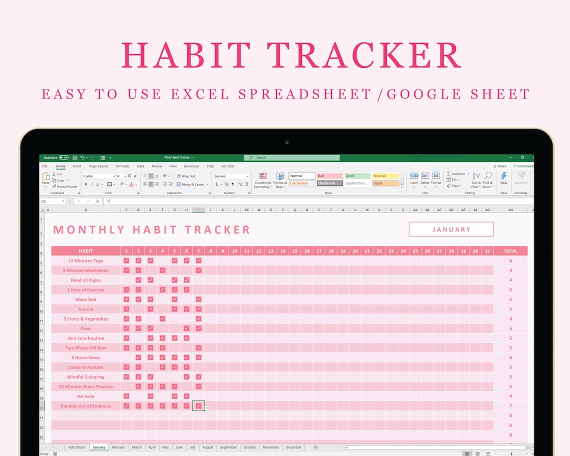 Pink Habit Tracker | Excel Spreadsheet | Google Sheet| Digital Download ...