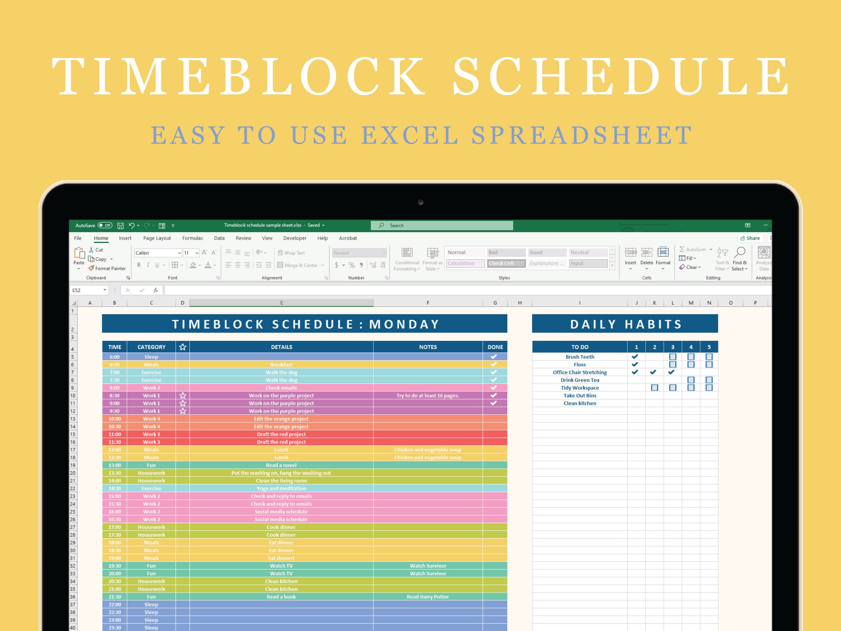 Timeblock Schedule Creator Daily Organiser Excel | Etsy