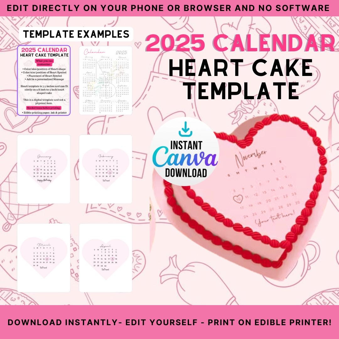 2025 Calendar Edible Heart Shaped Cake Topper | Burnaway Cake ...