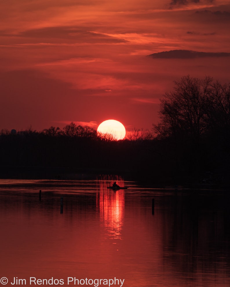A Sunset Photo Print With Dark Red Sky Reflecting on on a Lake and ...