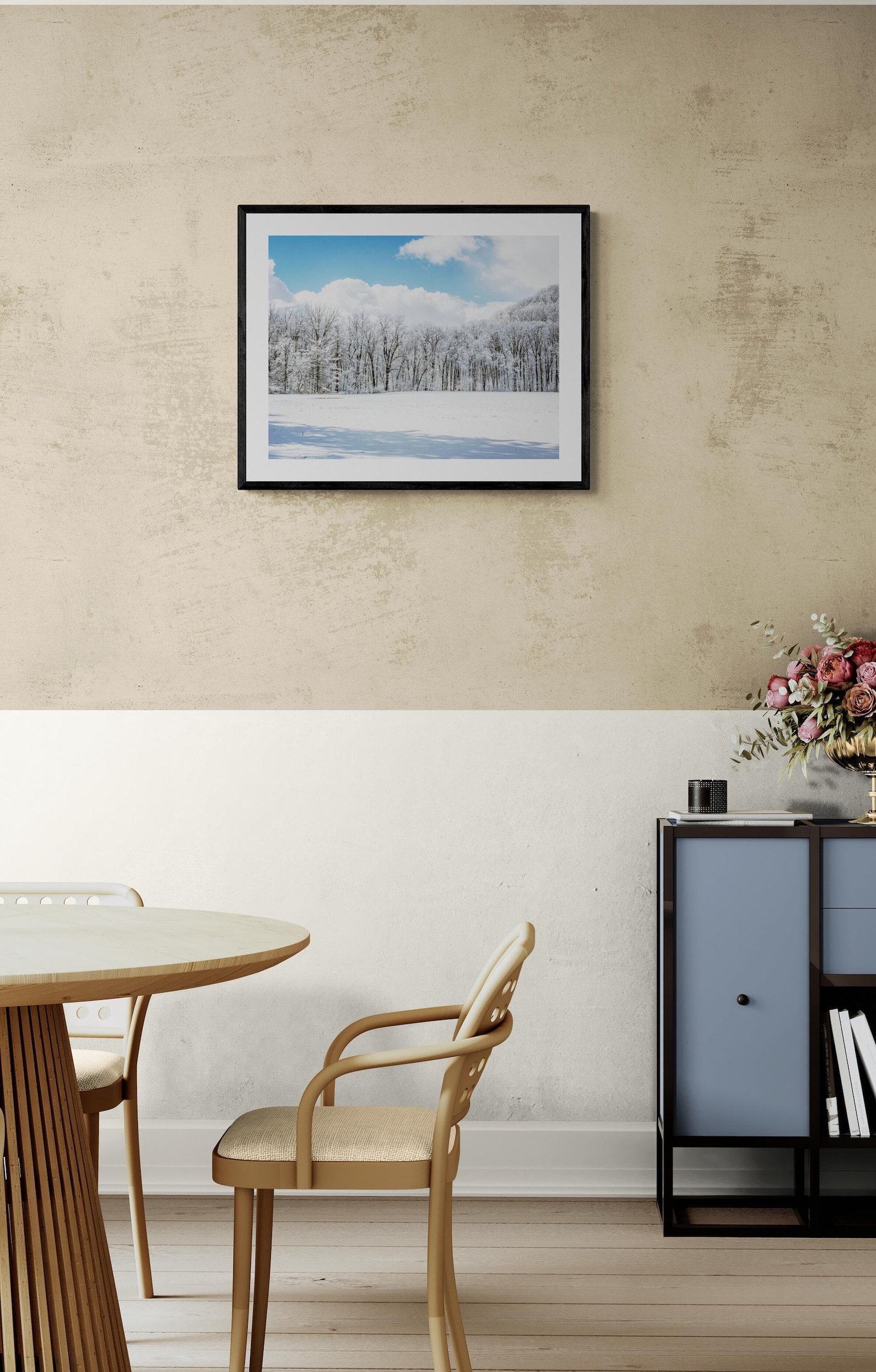 Fresh Snow on an Open Field and on Distant Trees Under Blue Winter Sky ...