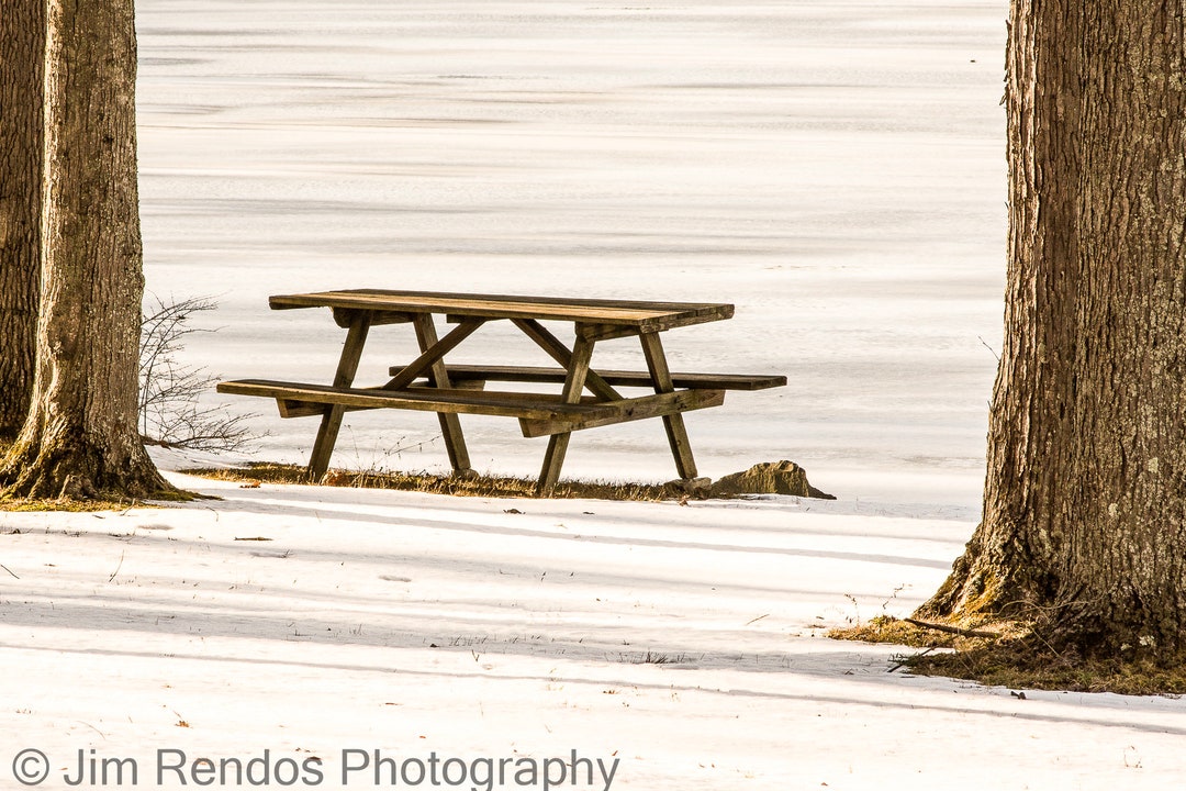Park Picnic Table in Winter With Frozen Lake in Background, A Winter ...