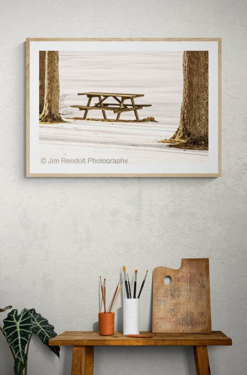 Park Picnic Table in Winter With Frozen Lake in Background, A Winter ...