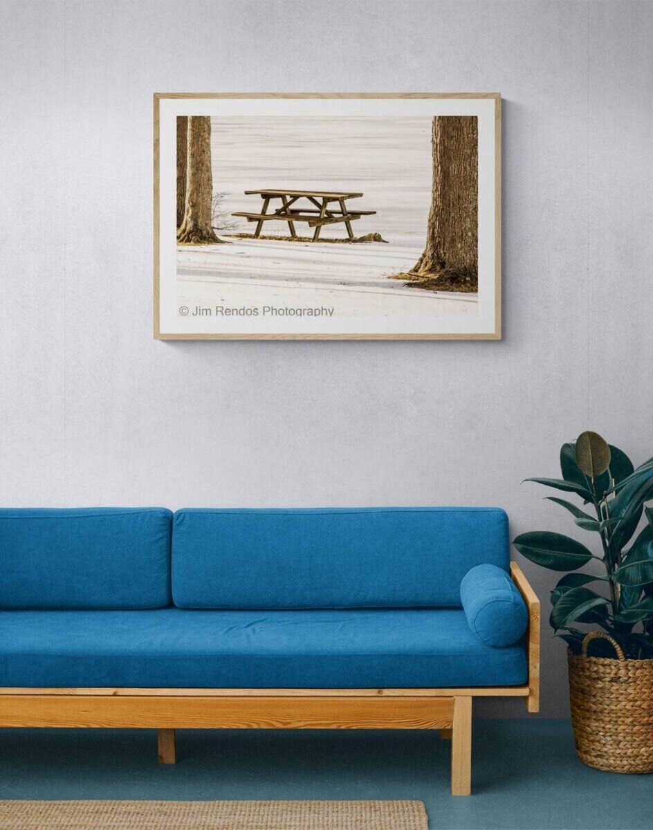 Park Picnic Table in Winter With Frozen Lake in Background, A Winter ...