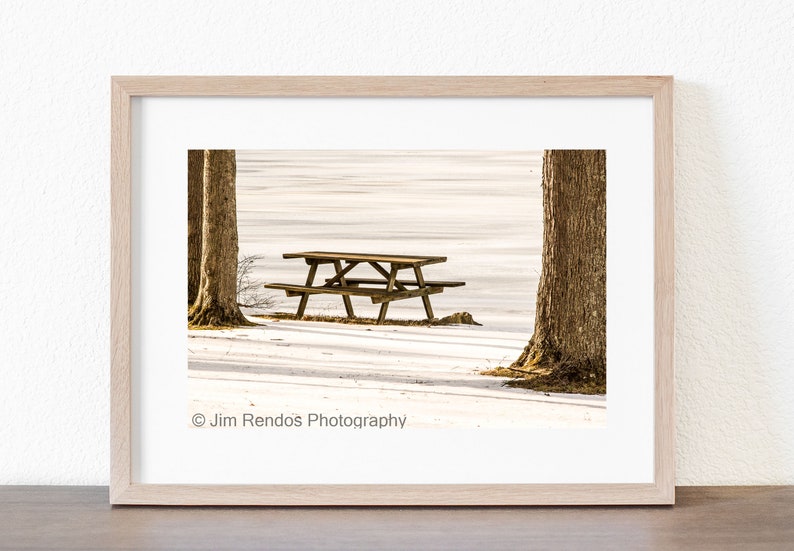 Park Picnic Table in Winter With Frozen Lake in Background, A Winter ...