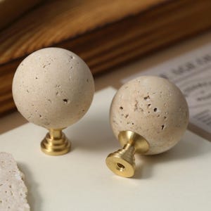 Travertine Brass Cabinet Drawer Knob, Marble Handles Knobs Hardware, Wabi Sabi Round Door Pulls ...