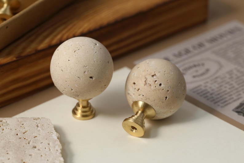 Travertine Brass Cabinet Drawer Knob, Marble Handles Knobs Hardware, Wabi Sabi Round Door Pulls ...