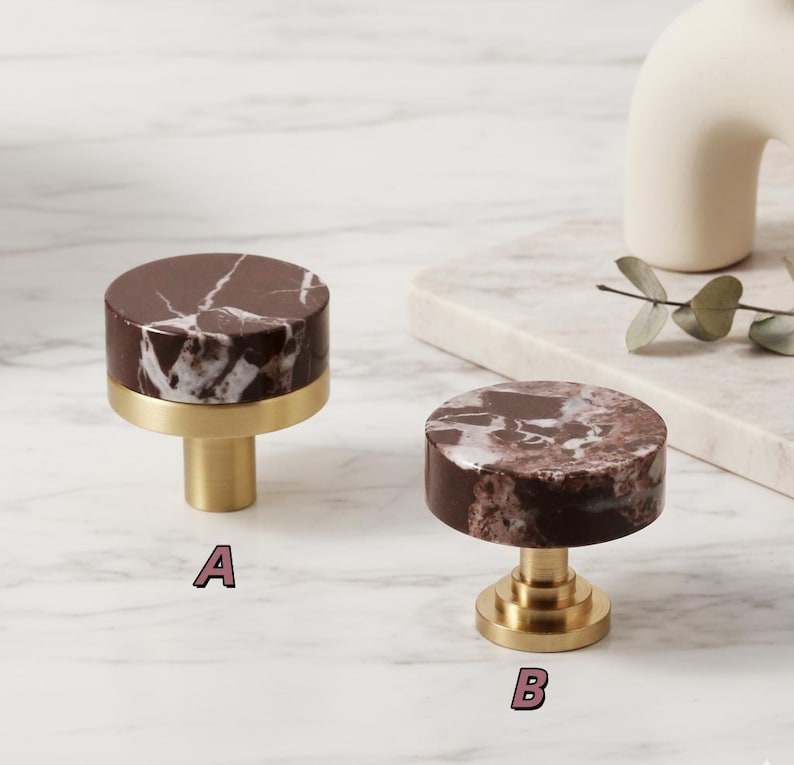 Rosso Marble Round Drawer Knob, Stone Cabinet Handles Knobs , Wabi Sabi ...