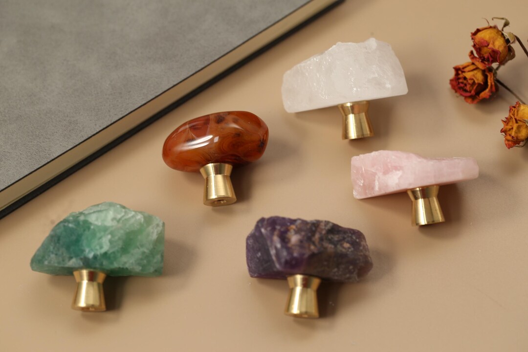Raw Quartz Brass Drawer Knobs, Pink Quartz Cabinet Knobs, Dresser ...