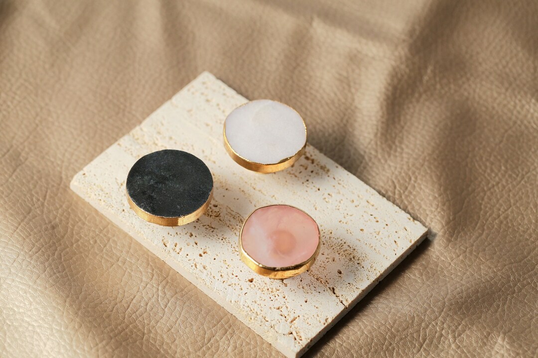 Round Flat Pink Crystals Brass Base Drawer Knobs, Black Quartz Cabinet Knob, Dresser Nursery ...