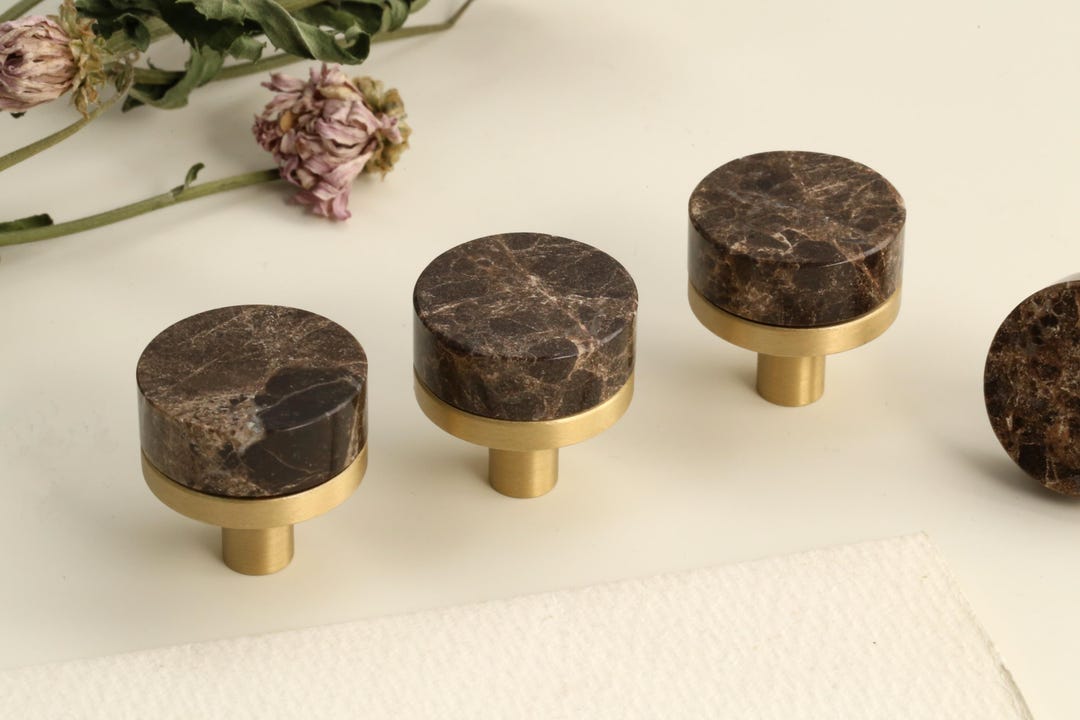 Emperador Dark Round Marble Drawer Knob, Stone Cabinet Handles Knobs ...