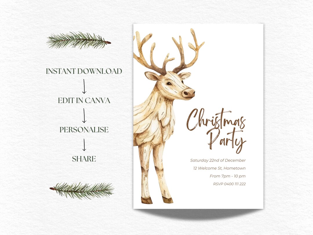 Rustic Reindeer Christmas Party Canva Invitation Template Nordic ...