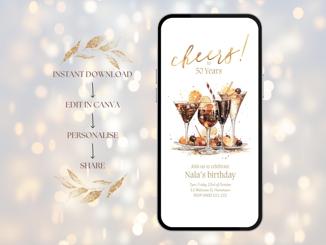 Cheers to 50 Years | 50th Birthday Party Invitation Cell Phone ...