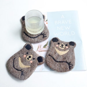 Felted Bear Coaster, Wool Felt Bear Coaster, Felted Maple Leaf Coaster ...