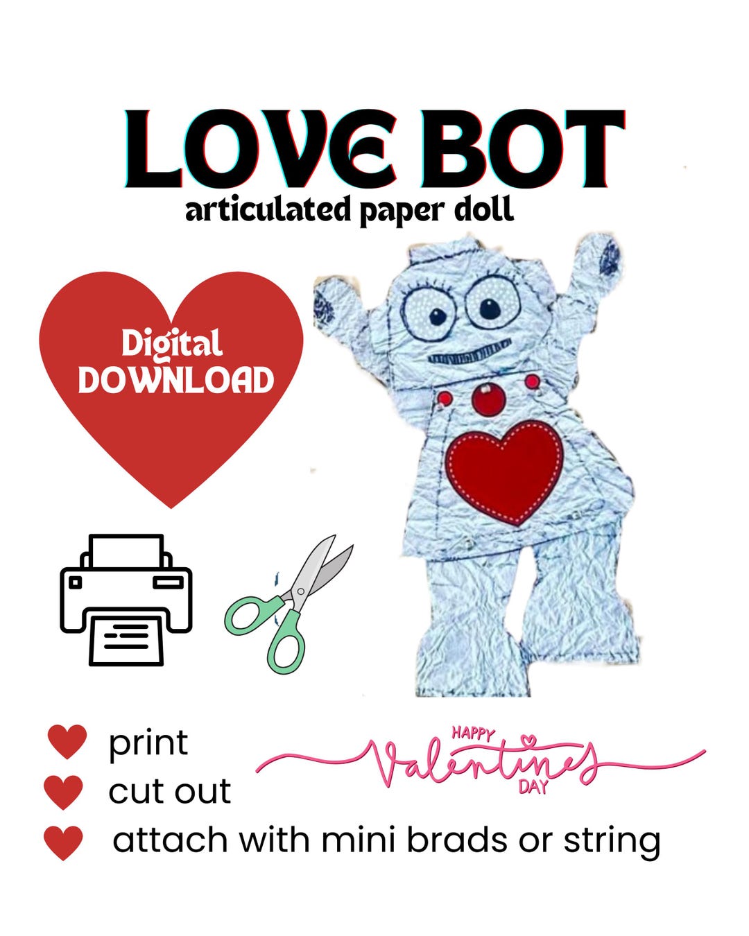 LOVE BOT, Digital Download, Articulated Paper Doll, Valentines Day ...