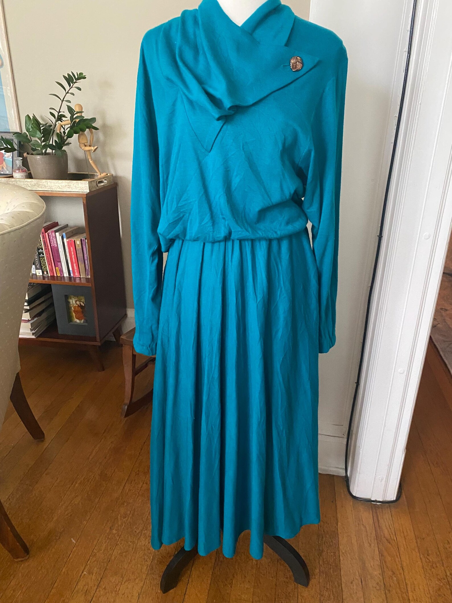 Vintage Jewel Tone Teal Green 80s Midi Dress With Gold Button Detail ...