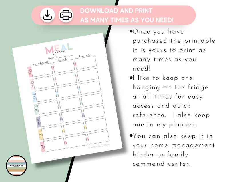 Simple Weekly Meal Plan Printable, Busy Mom Menu Plan Chart, Family ...