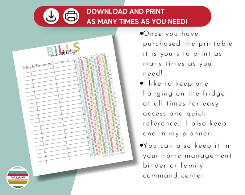 Monthly Bill Tracker Printable Bill Payment Tracker Bill - Etsy