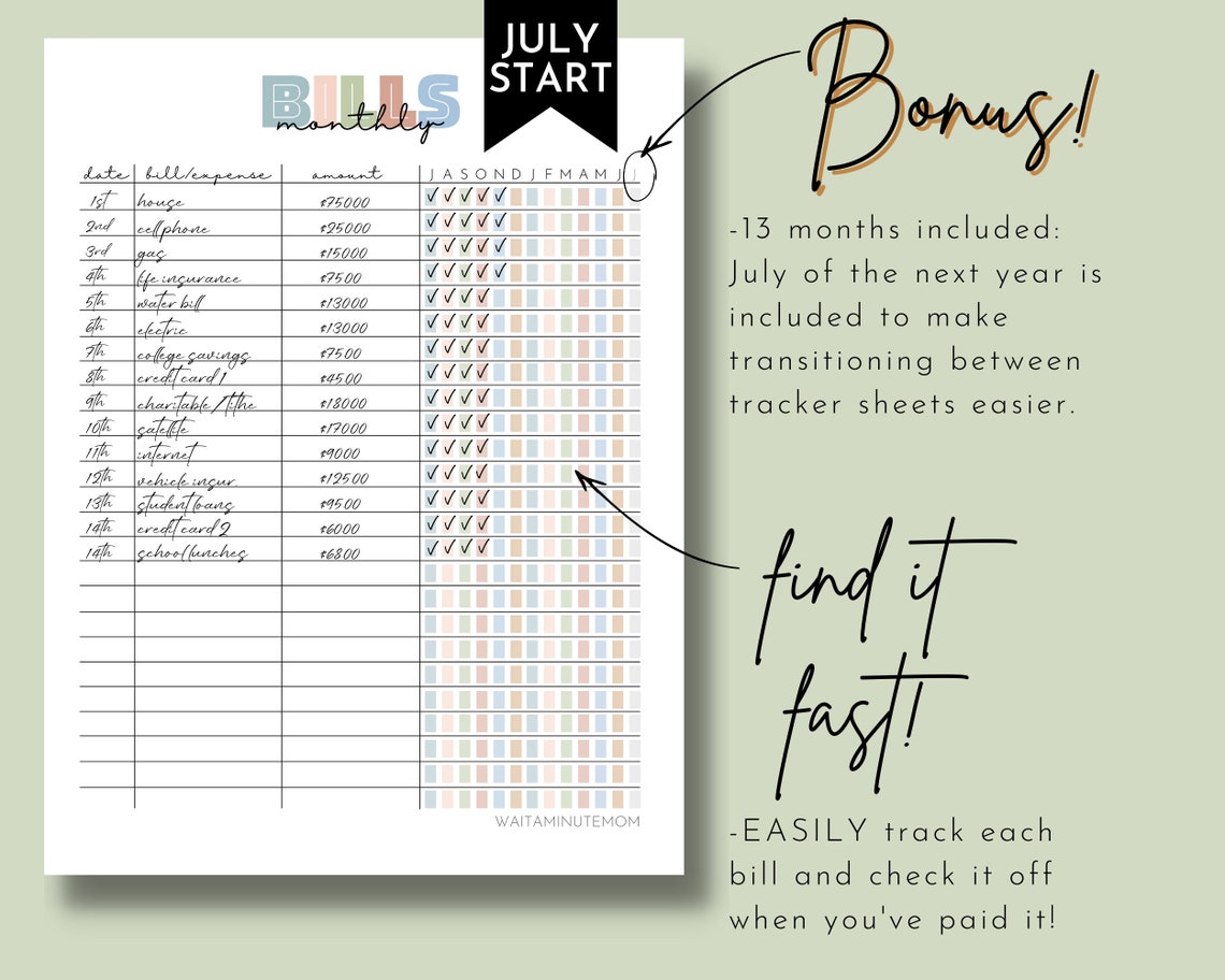 Monthly Bill Tracker Printable JULY START Monthly Expenses - Etsy