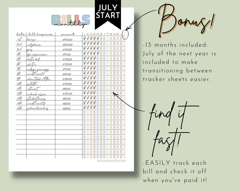 Monthly Bill Tracker Printable JULY START Monthly Expenses - Etsy
