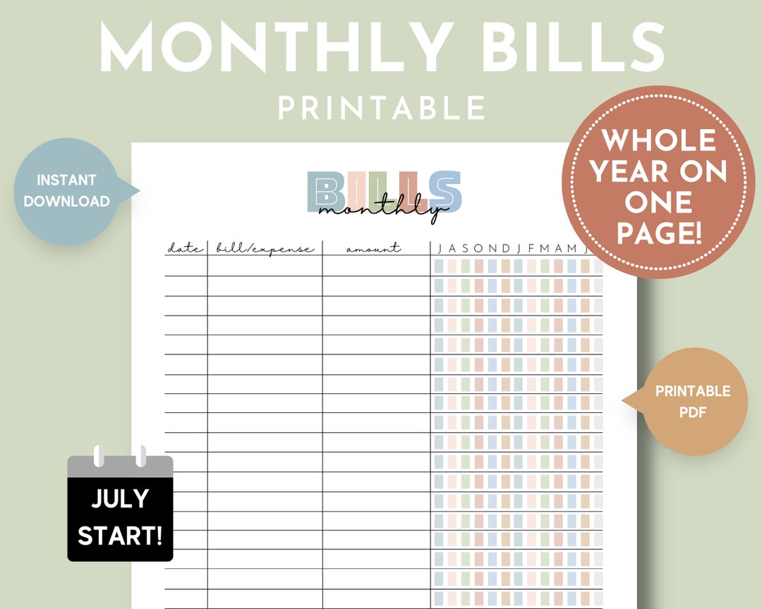 Monthly Bill Tracker Printable JULY START, Monthly Expenses Tracker ...