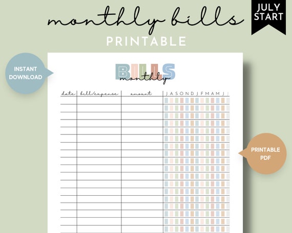 Monthly Bill Tracker Printable JULY START Monthly Expenses - Etsy