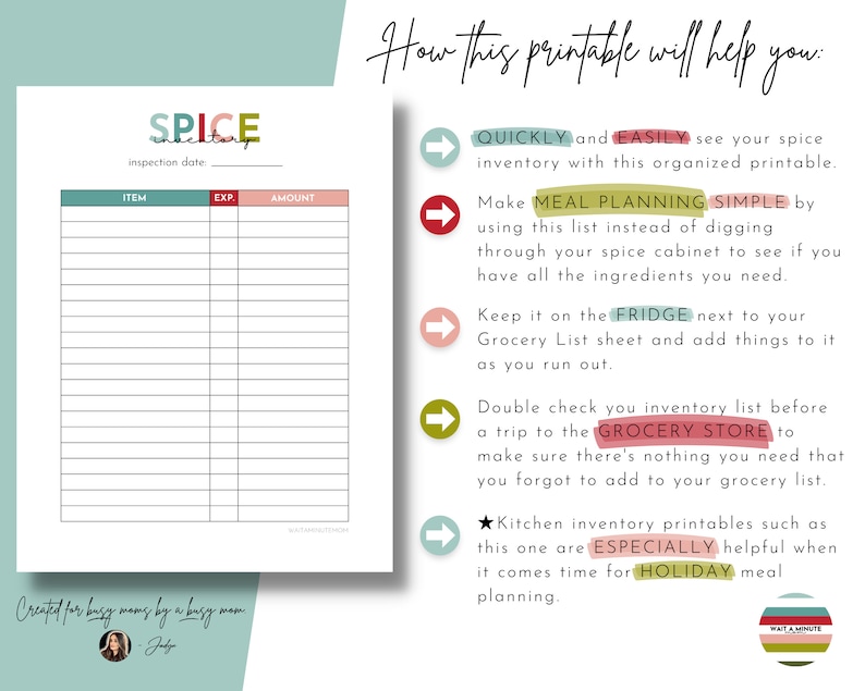 Printable Spice Inventory, Herbs and Spices List, Kitchen Inventory ...