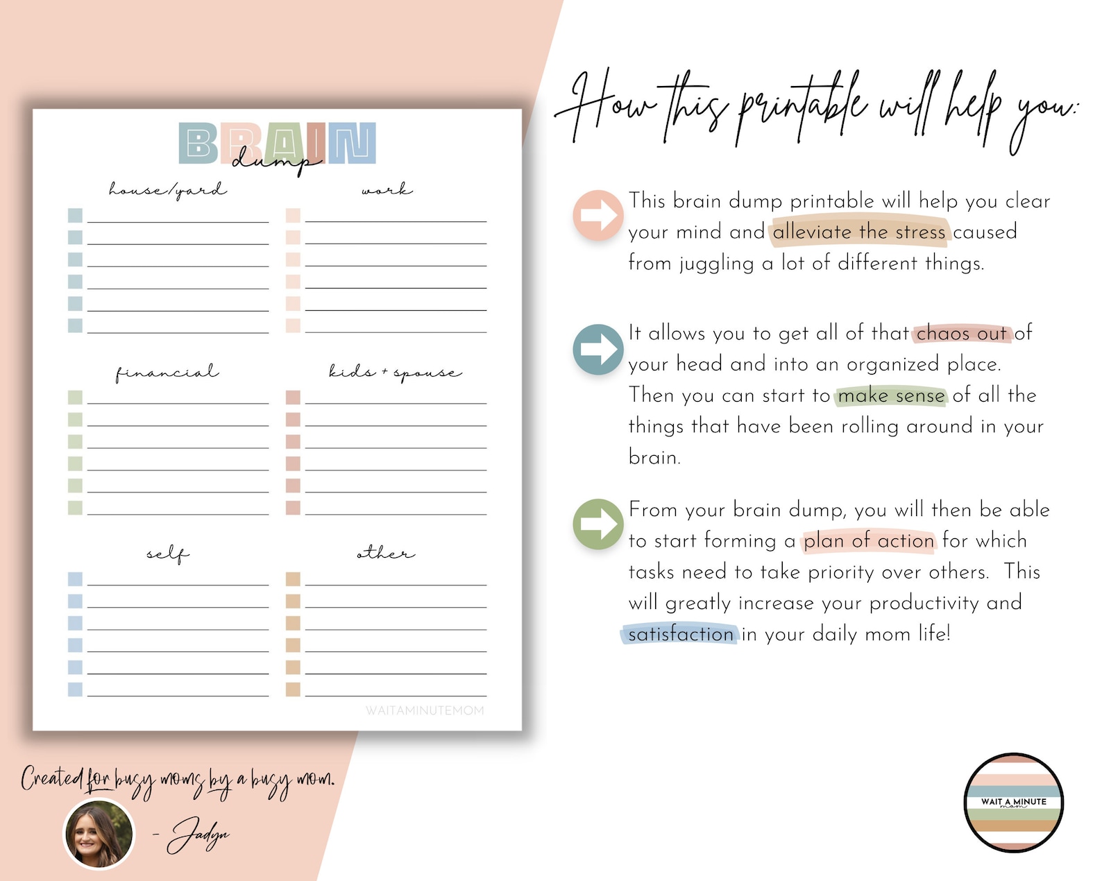 Brain Dump Printable, Thought Organizer Worksheet for Busy Moms, Task ...