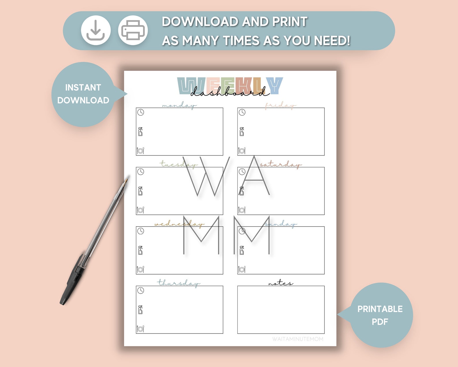 Weekly Dashboard Printable for Busy Moms, Simple Weekly Overview, Week ...