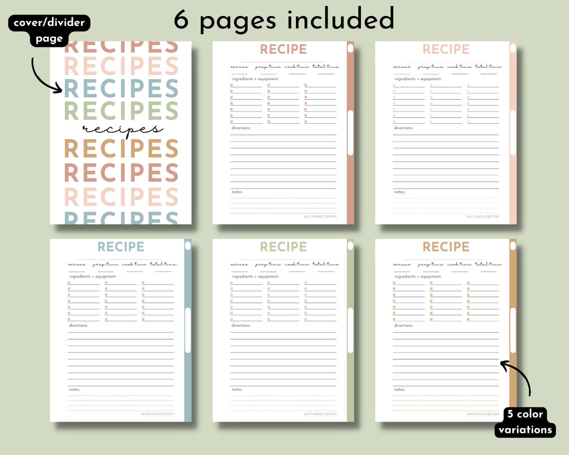 Recipe Page Printable, Recipe Cards, Blank Recipe Sheet, Recipe Page ...
