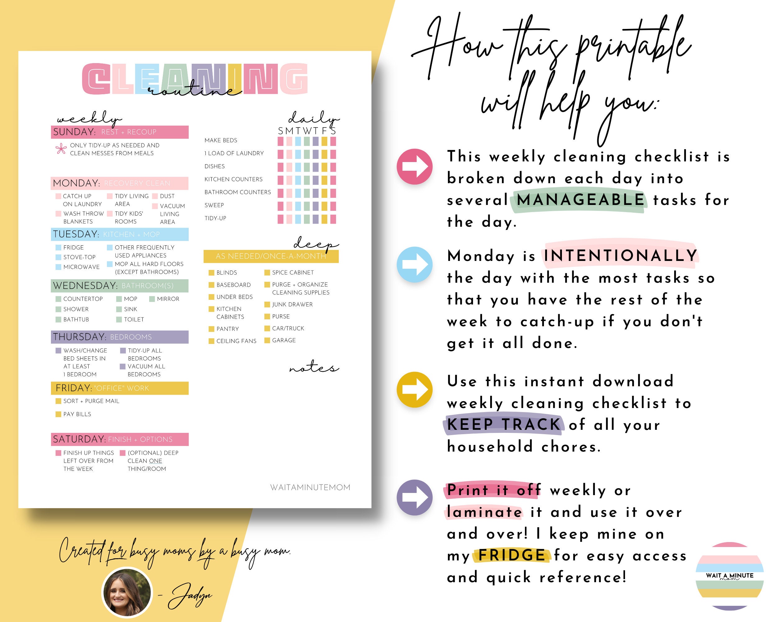 Simple Weekly Cleaning Routine Printable, Busy Mom Cleaning Checklist ...