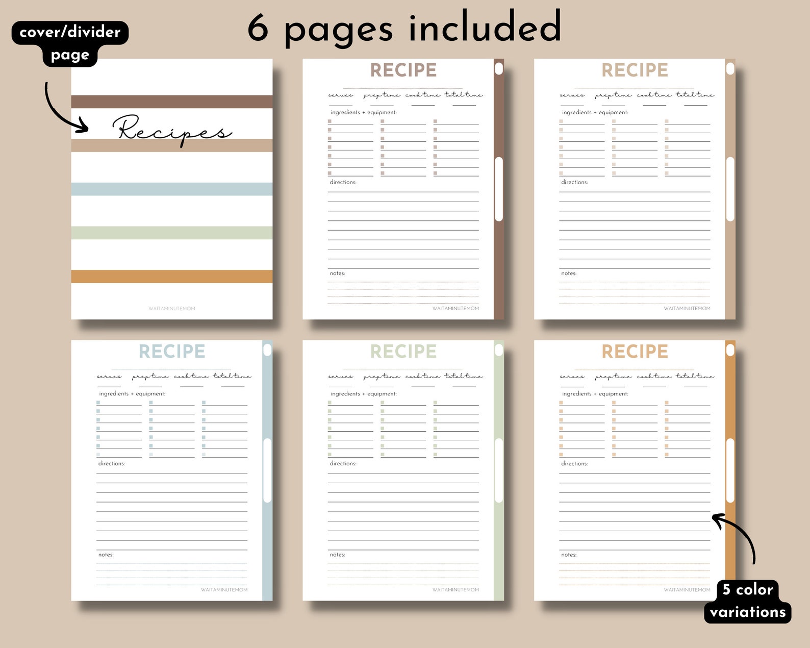 Recipe Pages Neutral Color Palette Printables, Blank Recipe Sheets ...