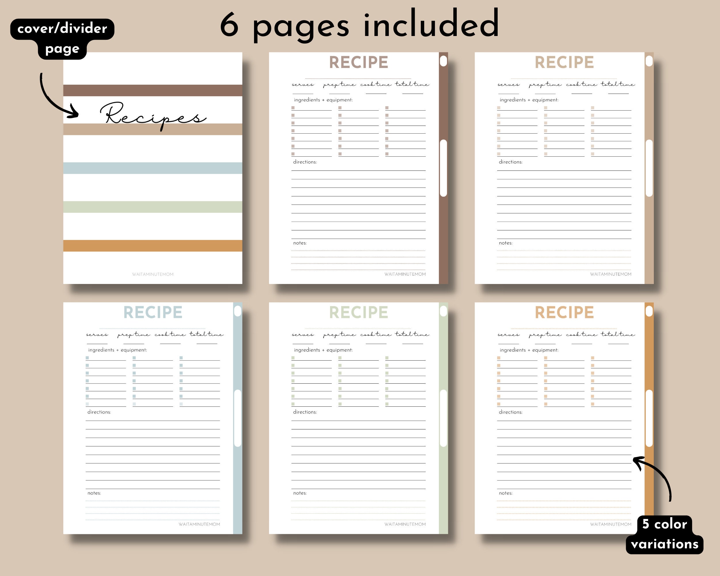 Recipe Pages Neutral Color Palette Printables, Blank Recipe Sheets ...