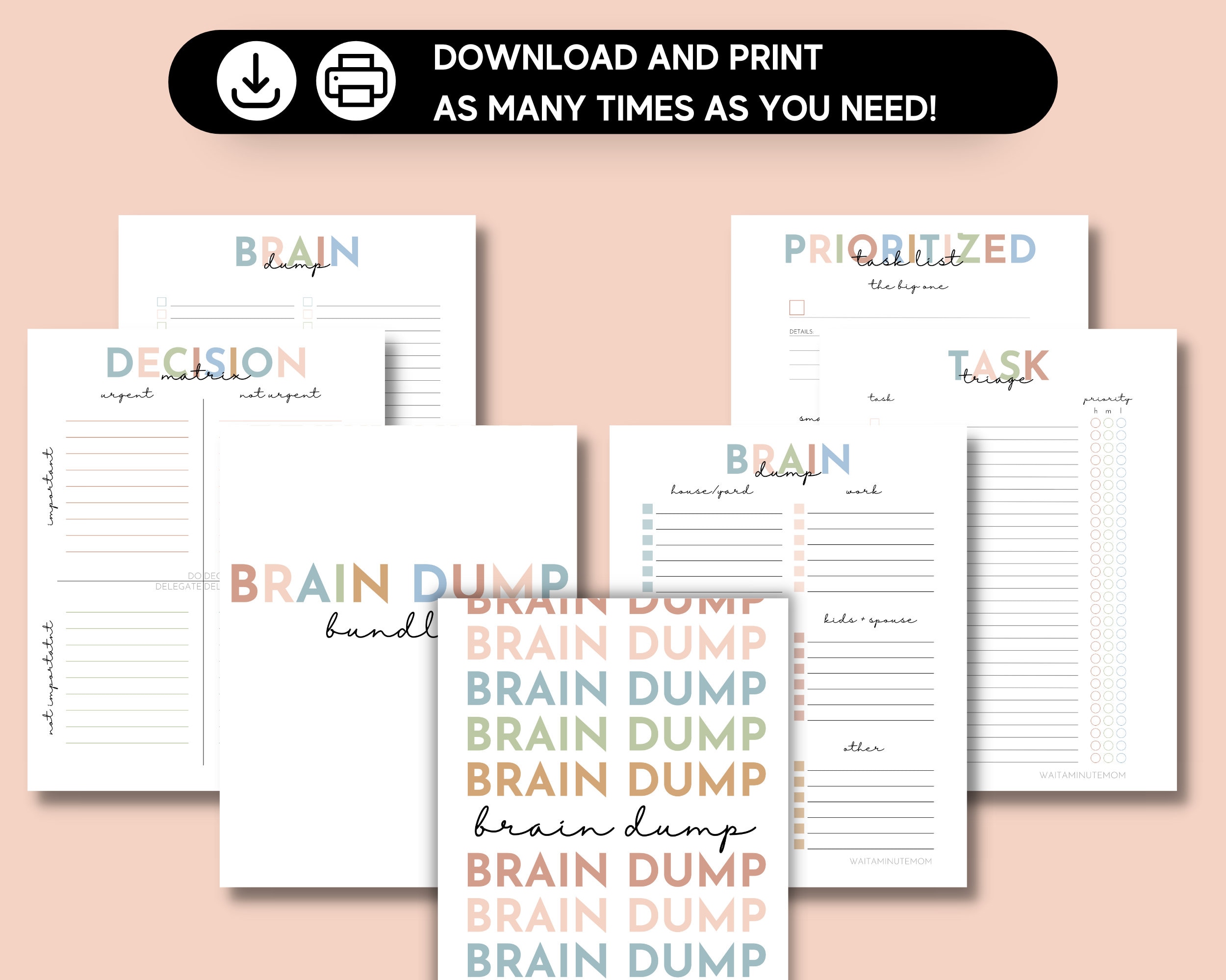 Brain Dump Printable Bundle, Thought Organizer, Decision Matrix ...