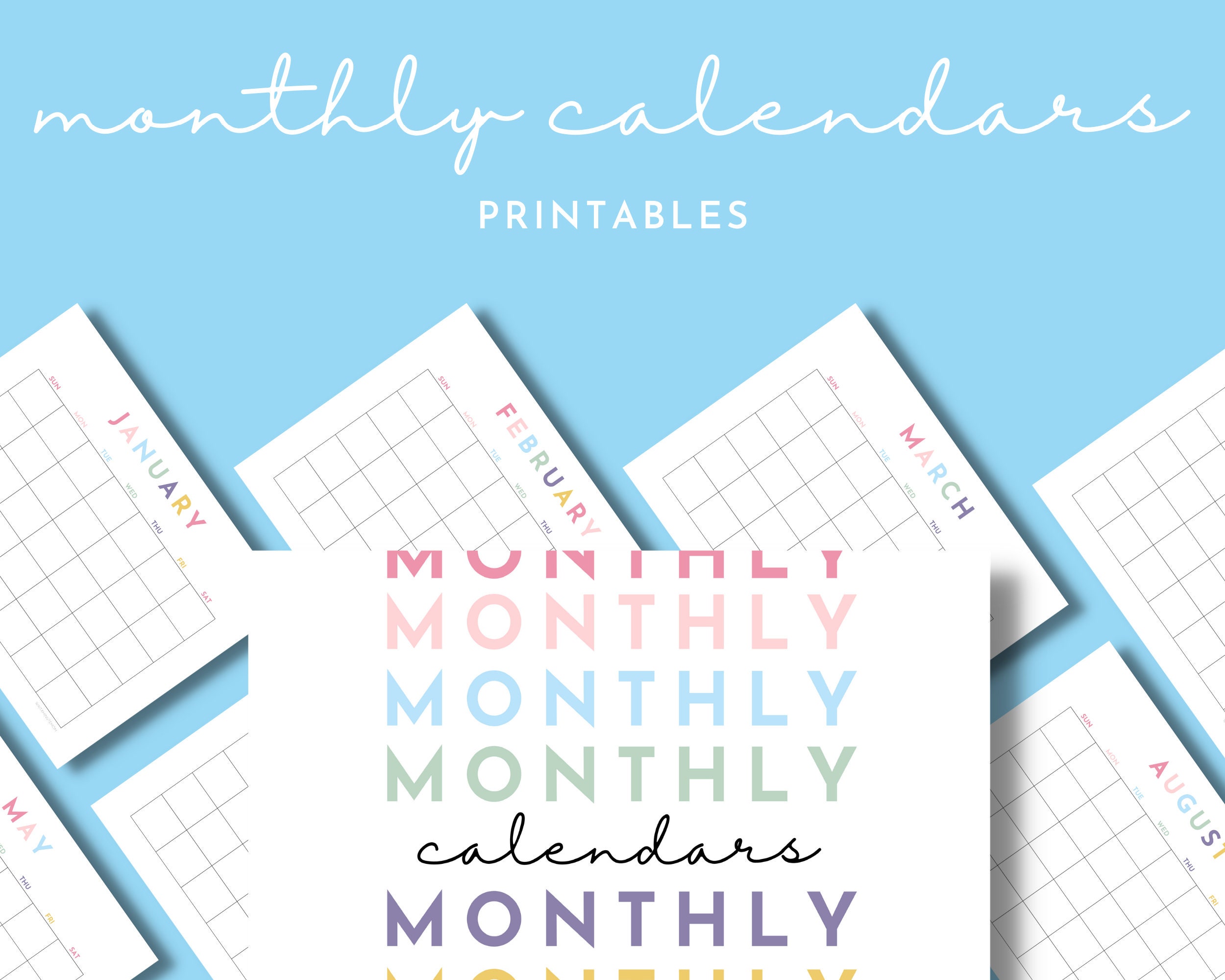 Undated Unlined Blank Monthly Calendar Printables Bundle, Sunday Start ...