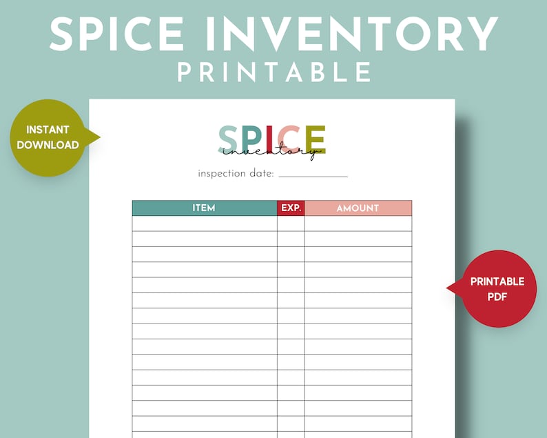 Printable Spice Inventory, Herbs and Spices List, Kitchen Inventory ...