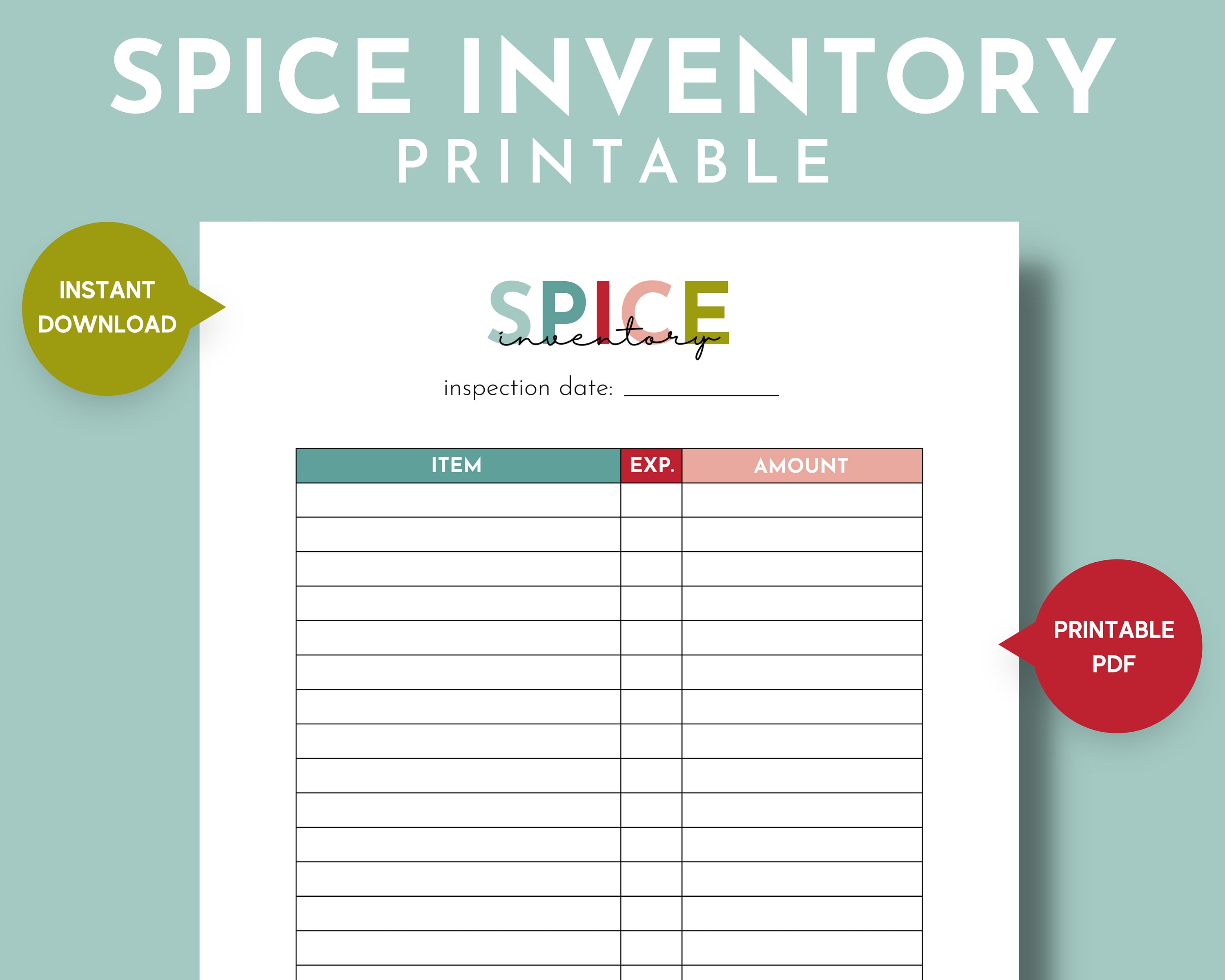 Printable Spice Inventory, Herbs and Spices List, Kitchen Inventory ...
