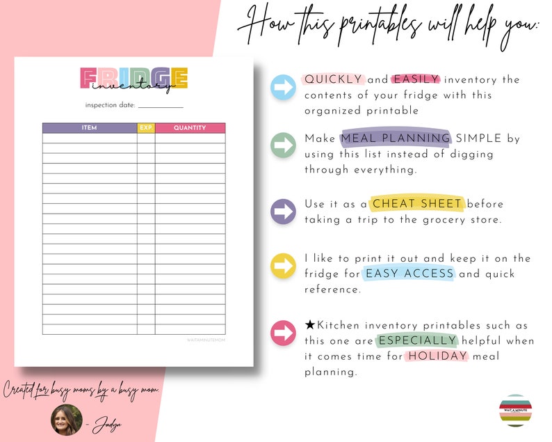 Refrigerator Inventory Log Printable for Kitchen Organization and Meal ...