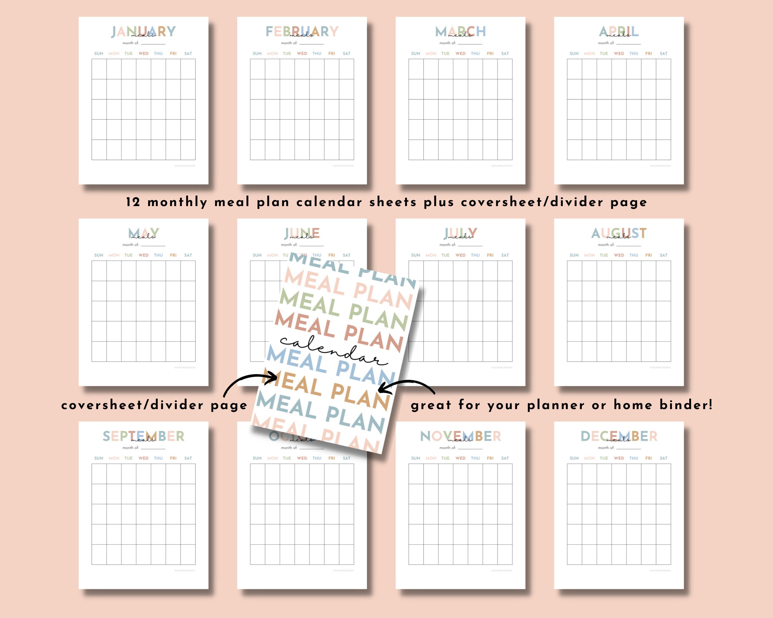 Printable Monthly Meal Plan Calendar Sheets, Monthly Menu Plan, Blank ...