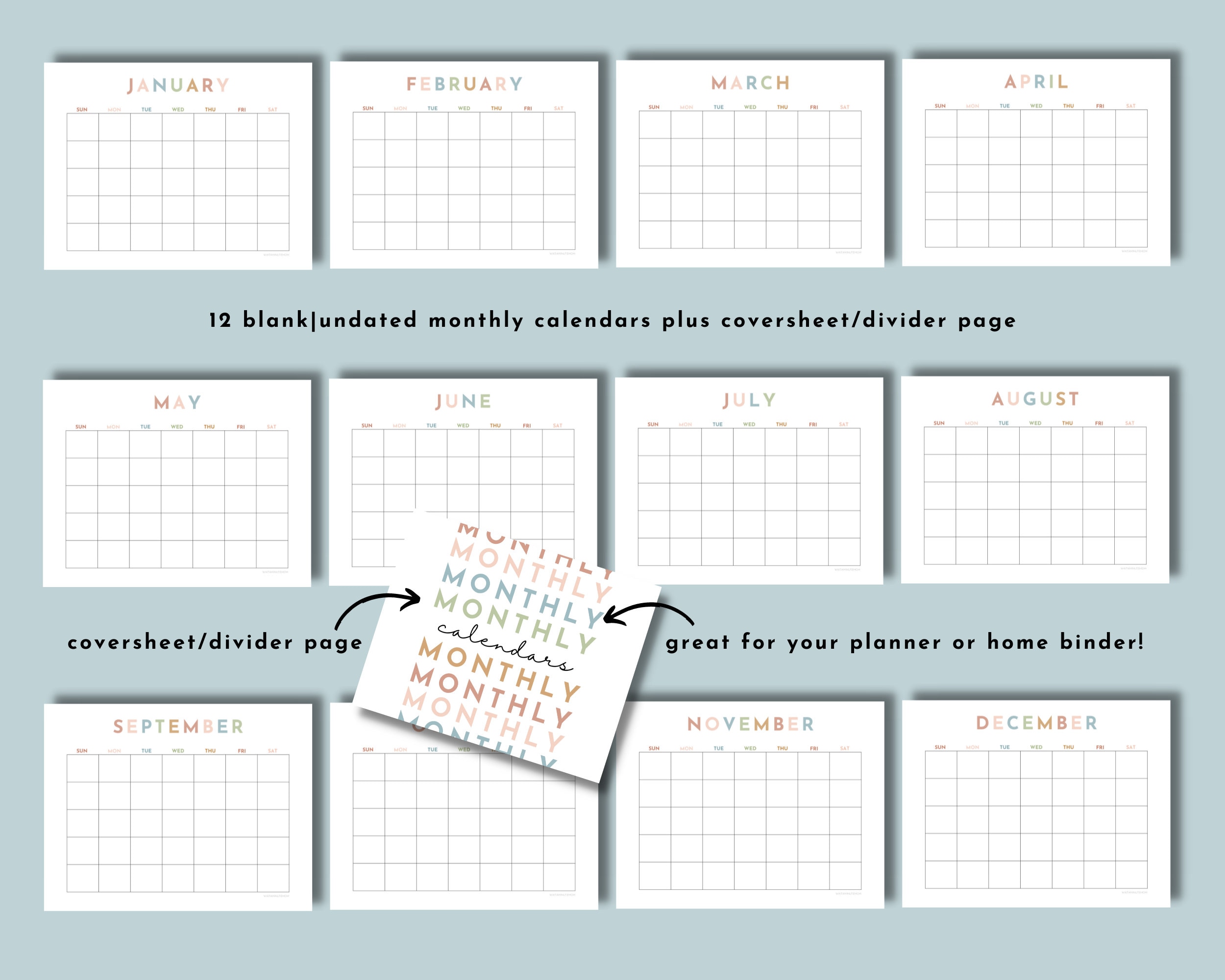 Blank Undated Unlined Monthly Calendar Printables Bundle, Sunday Start ...