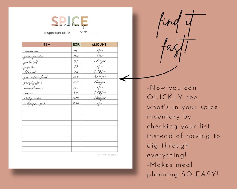 Spice Inventory List Printable, Kitchen Inventory, Food Spices Stock ...